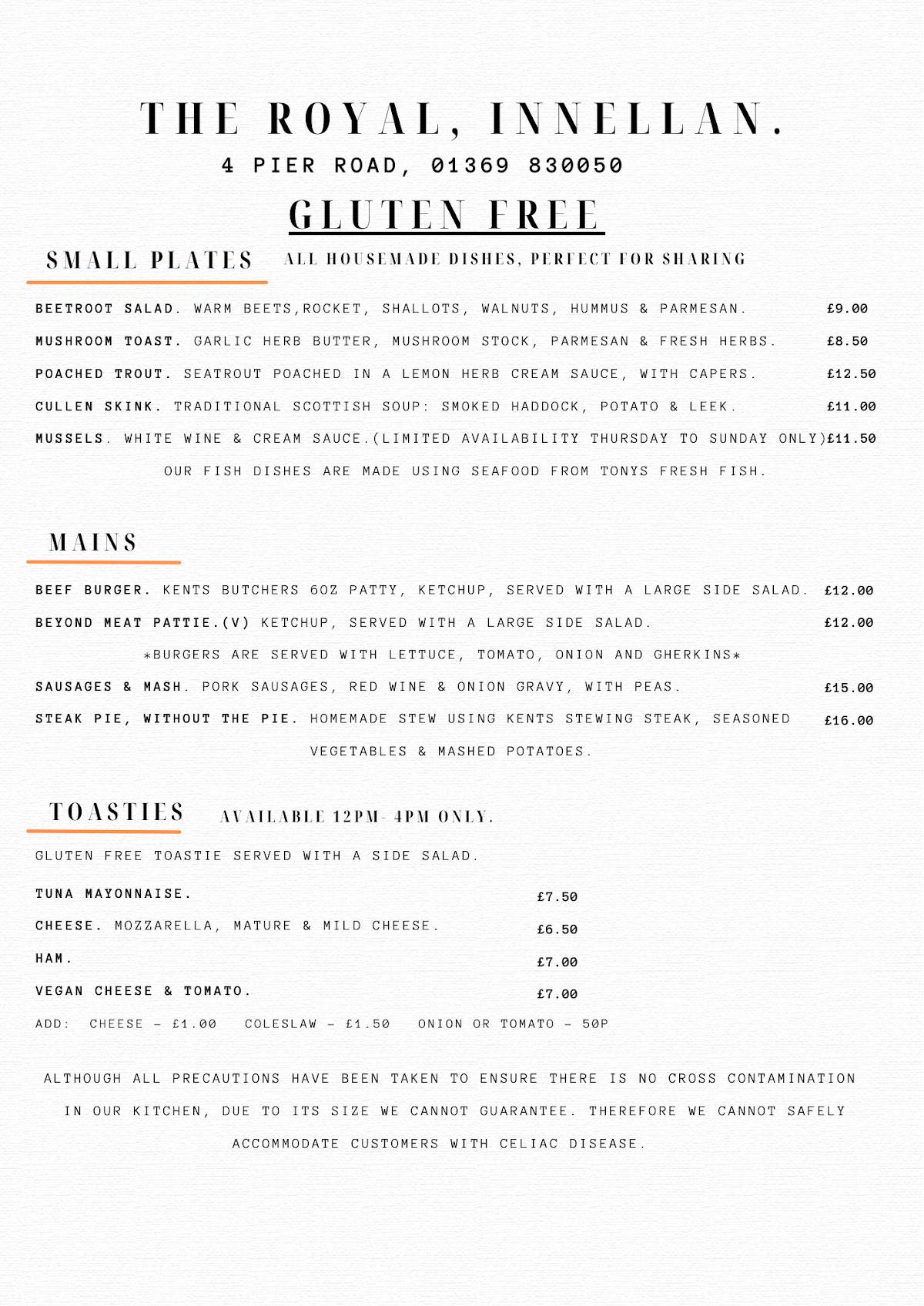 Menu at Royal Bar, Innellan