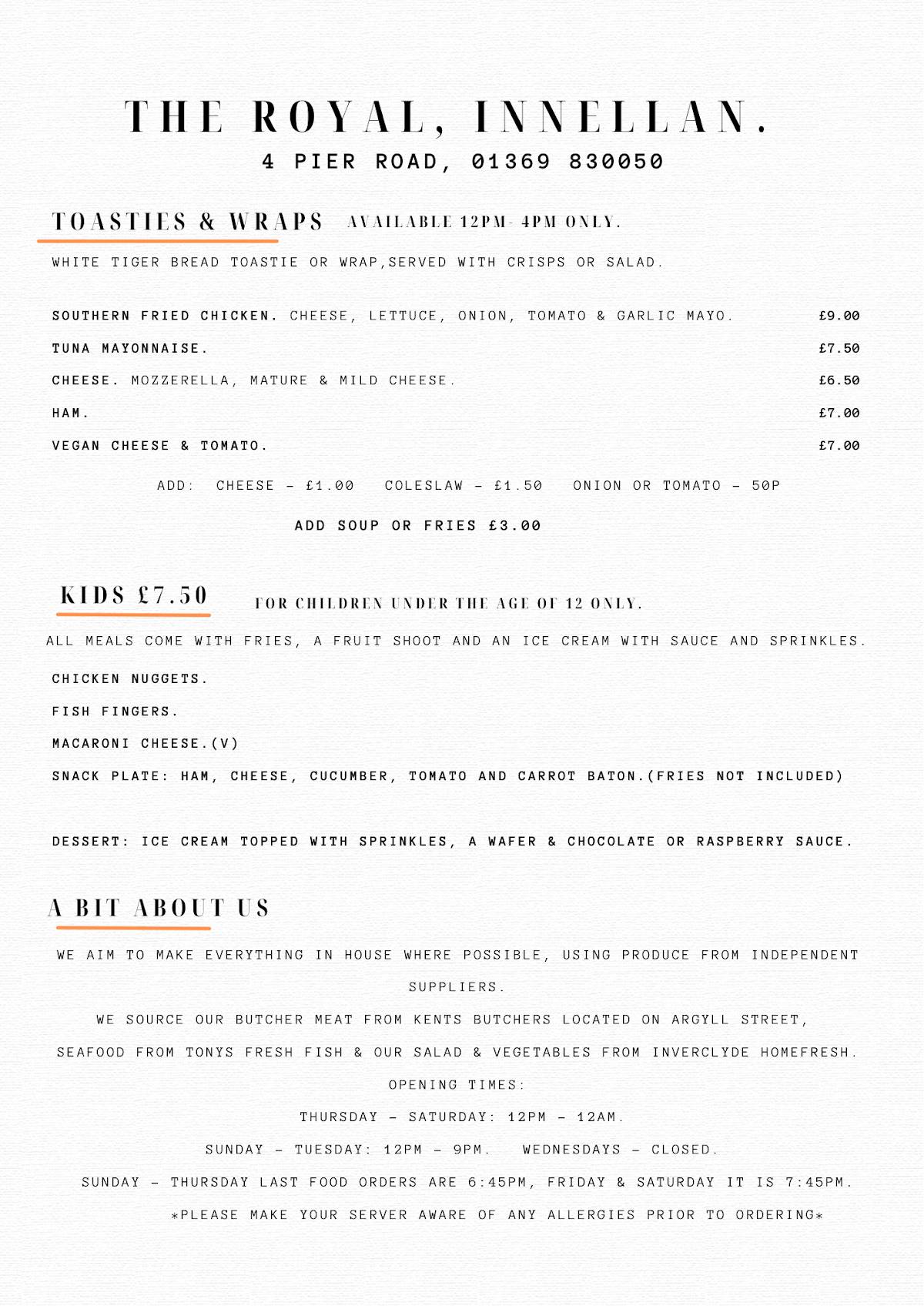 Menu at Royal Bar, Innellan
