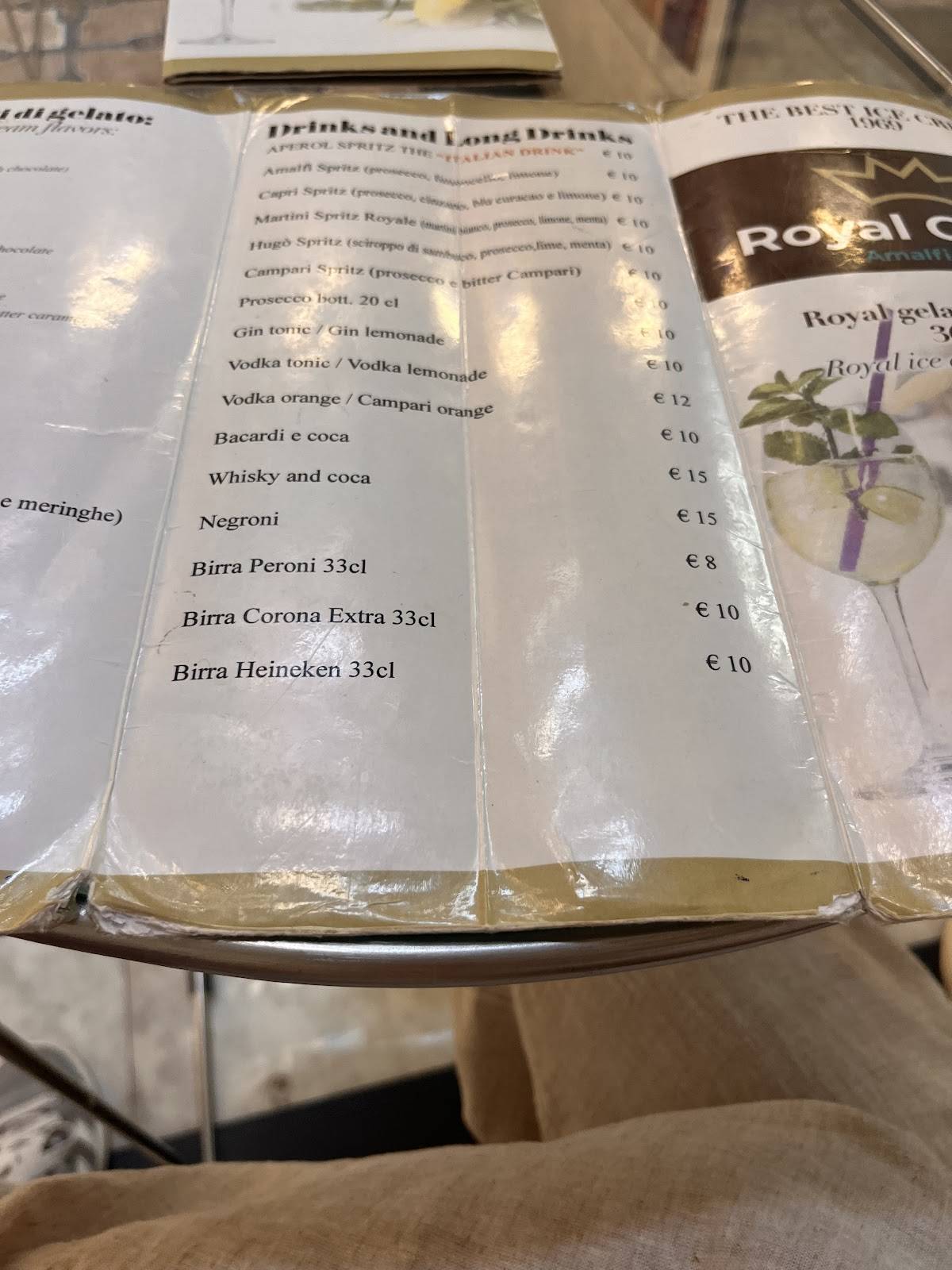 Menu at Royal Gelato restaurant, Amalfi