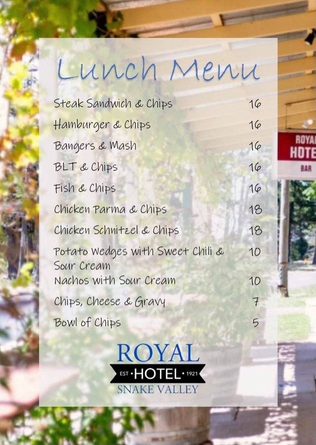 Menu at Royal Hotel Snake Valley pub & bar, Snake Valley