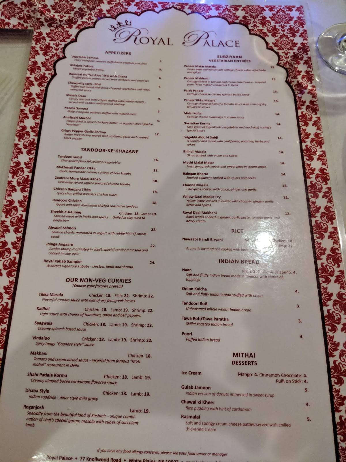 Menu at Royal Palace restaurant, White Plains
