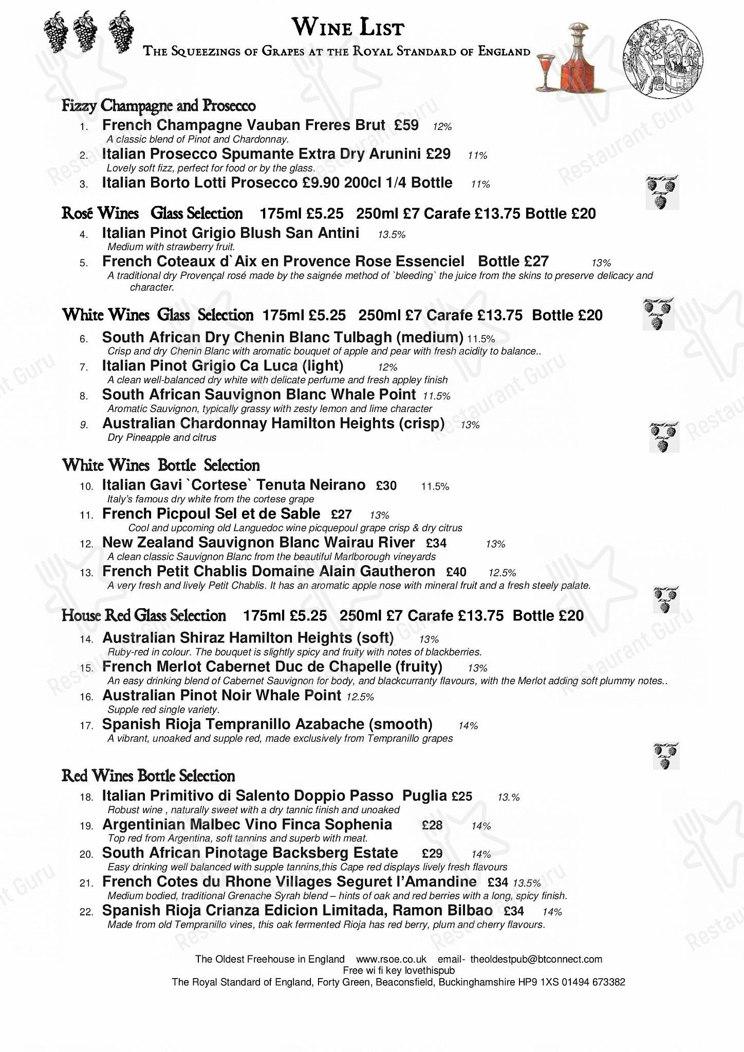 Menu at The Royal Standard of England pub & bar, Beaconsfield