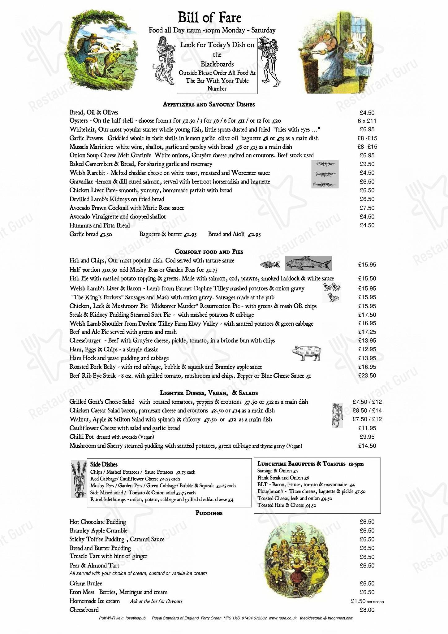 Menu at The Royal Standard of England pub & bar, Beaconsfield