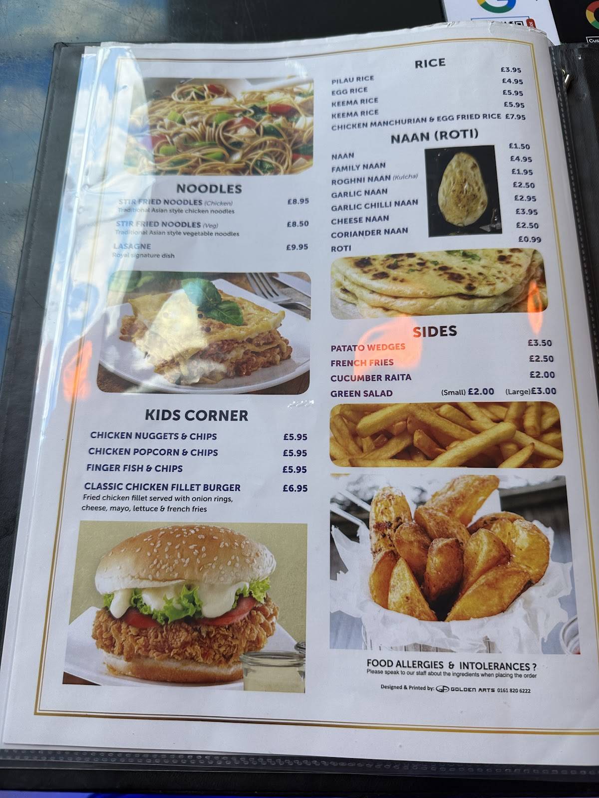 Menu at Royal manchester restaurant, Manchester