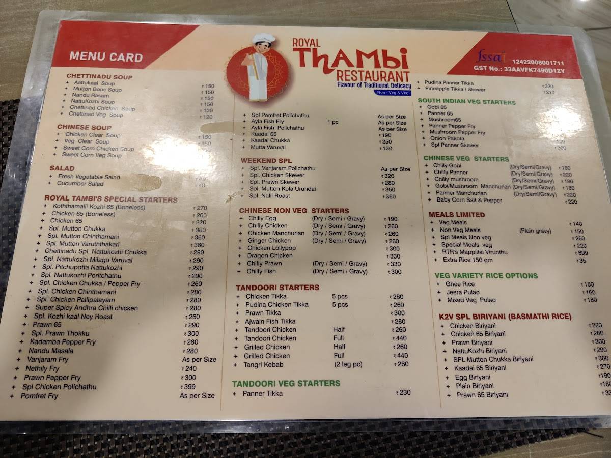 Menu at Royal thambi restaurant, Chennai