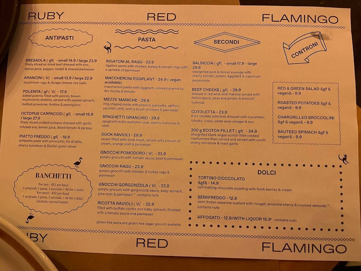 Menu at Ruby Red Flamingo restaurant, North Adelaide