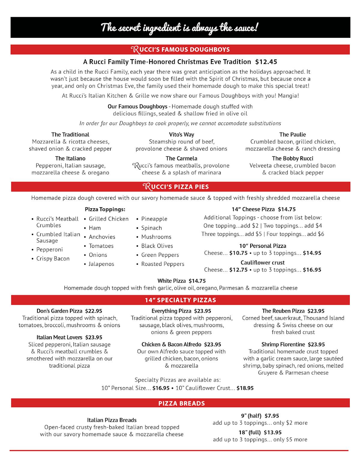 Menu at Rucci's Italian Kitchen & Grille restaurant, White Plains