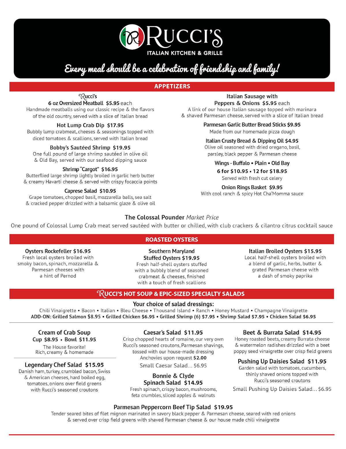 Menu at Rucci's Italian Kitchen & Grille restaurant, White Plains