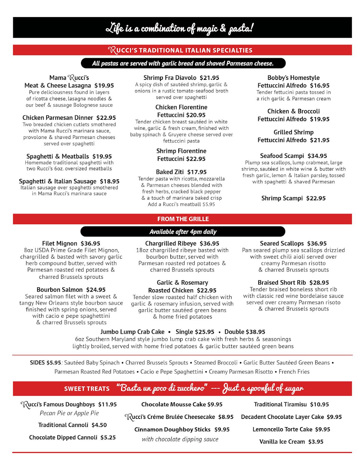 Menu at Rucci's Italian Kitchen & Grille restaurant, White Plains