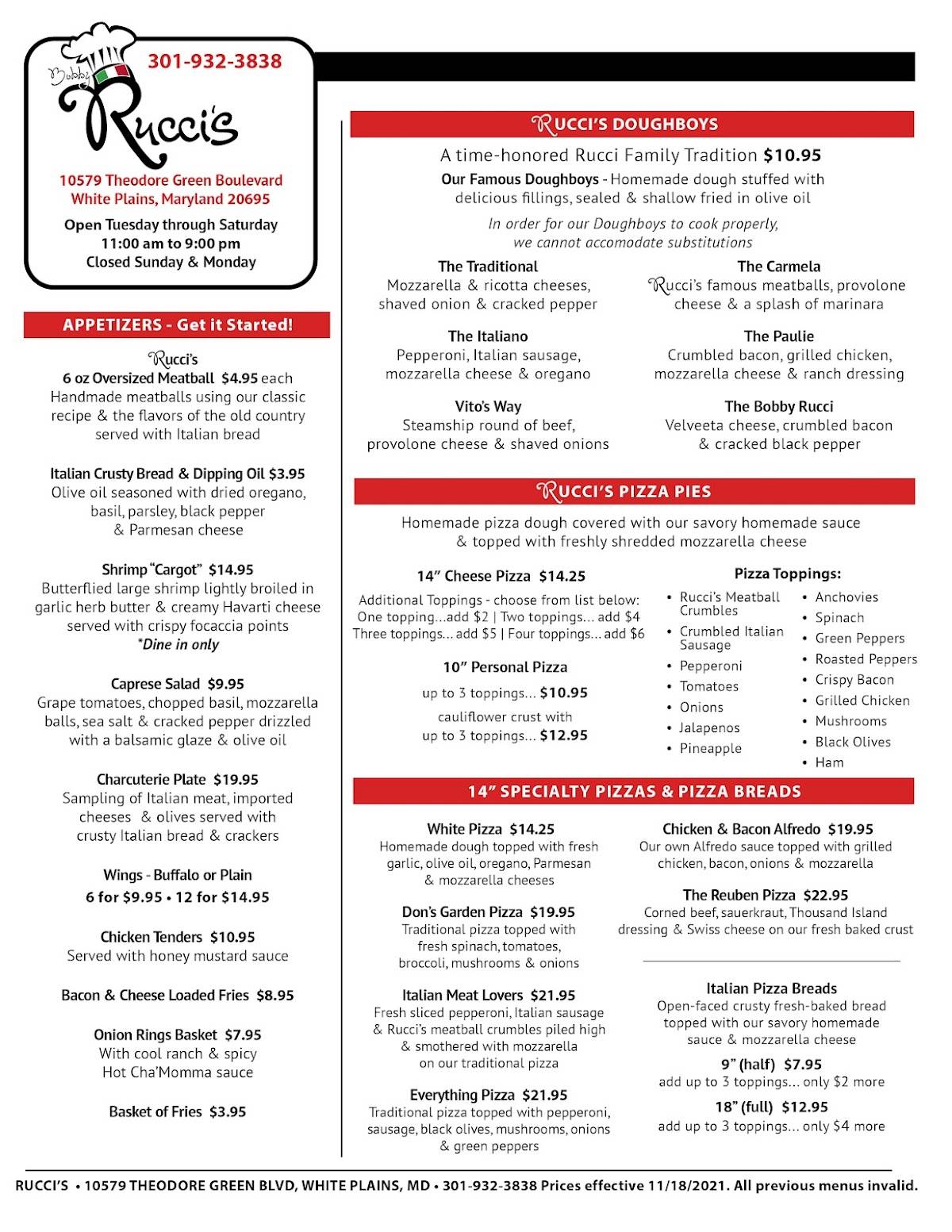 Menu at Rucci's Italian Kitchen & Grille restaurant, White Plains