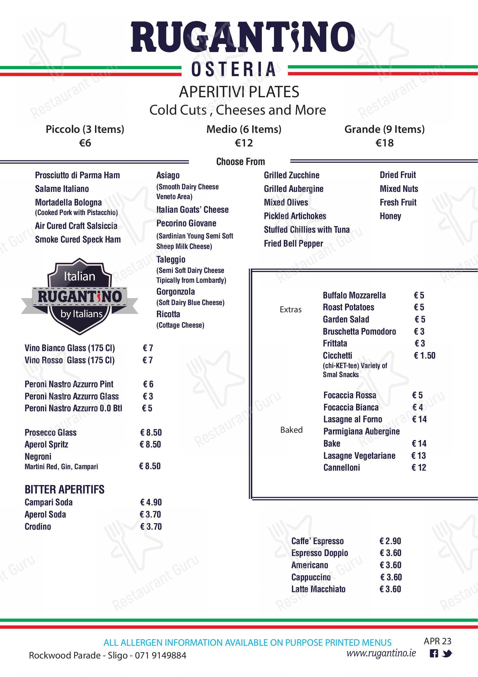 Menu at Rugantino restaurant, Sligo