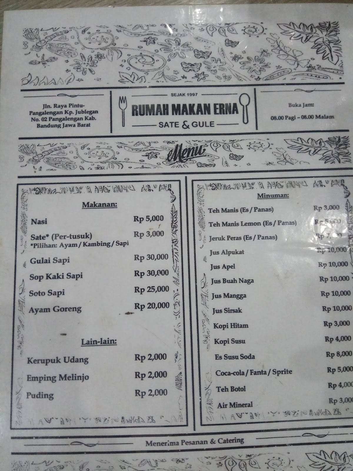 Menu at Rumah Makan Erna restaurant, Sukamanah, Jalan Raya