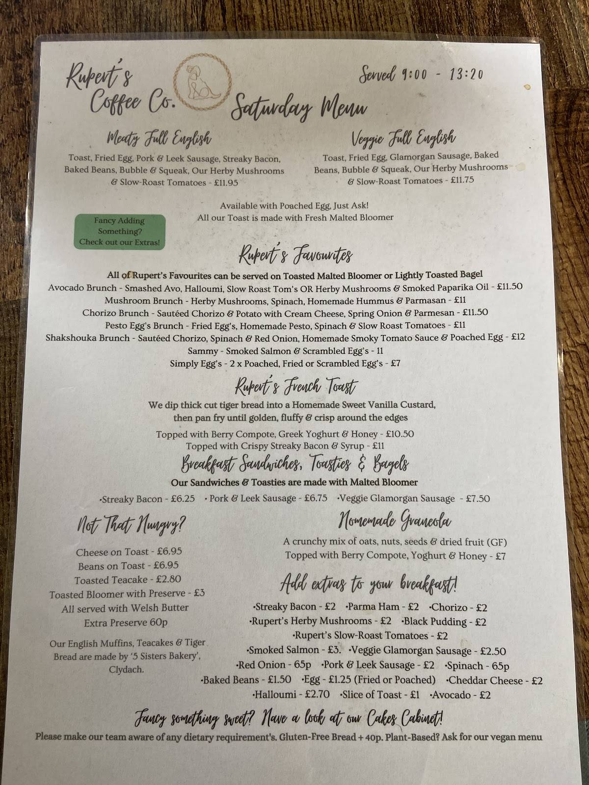 Menu at Rupert's Coffee Co. cafe, Neath