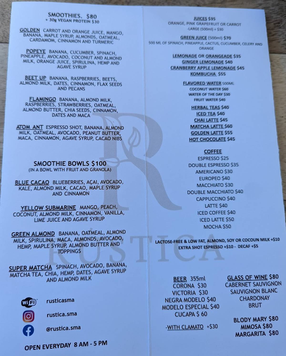 Menu at Rustica restaurant, San Miguel de Allende