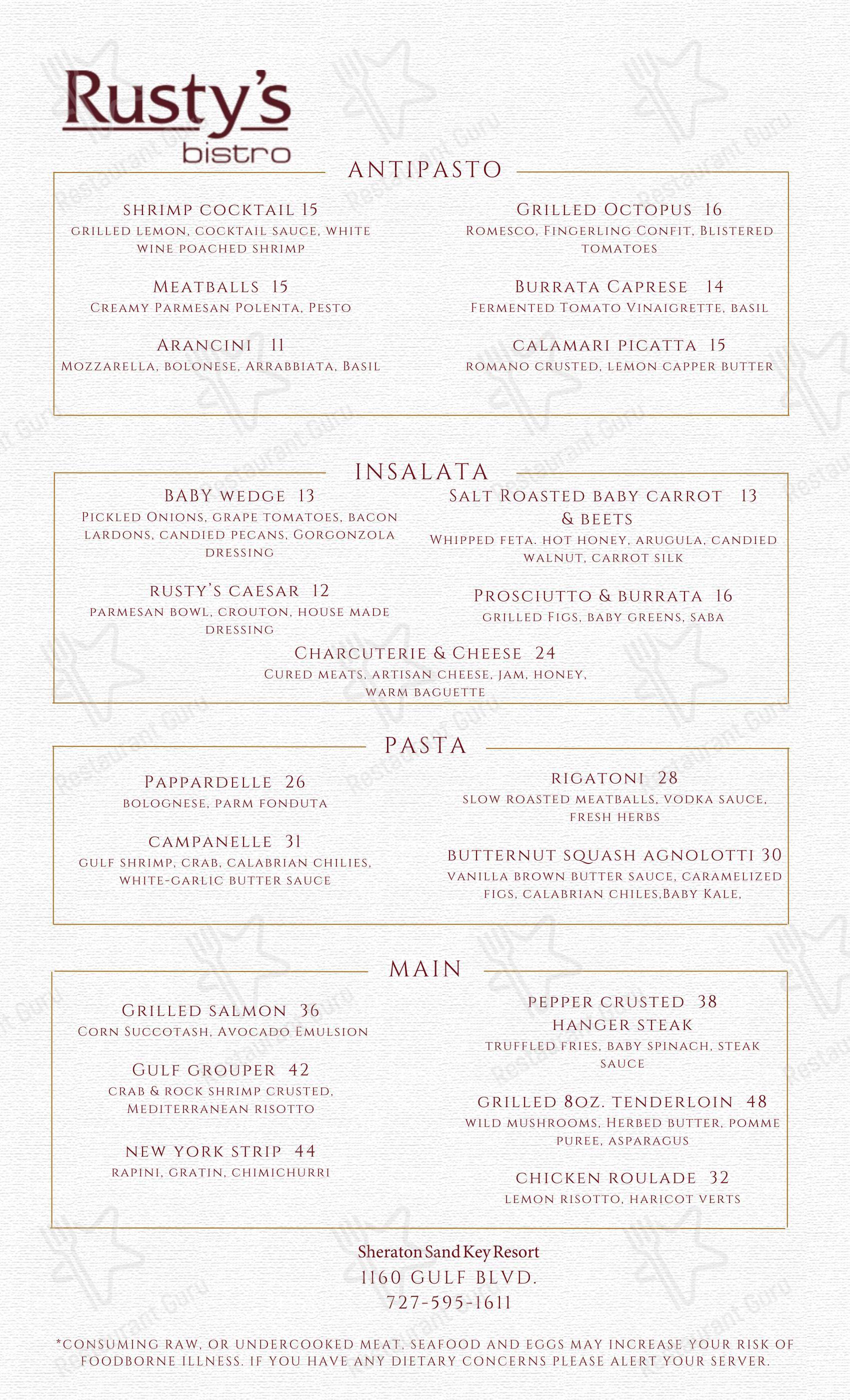 Menu at Rusty's Bistro restaurant, Clearwater