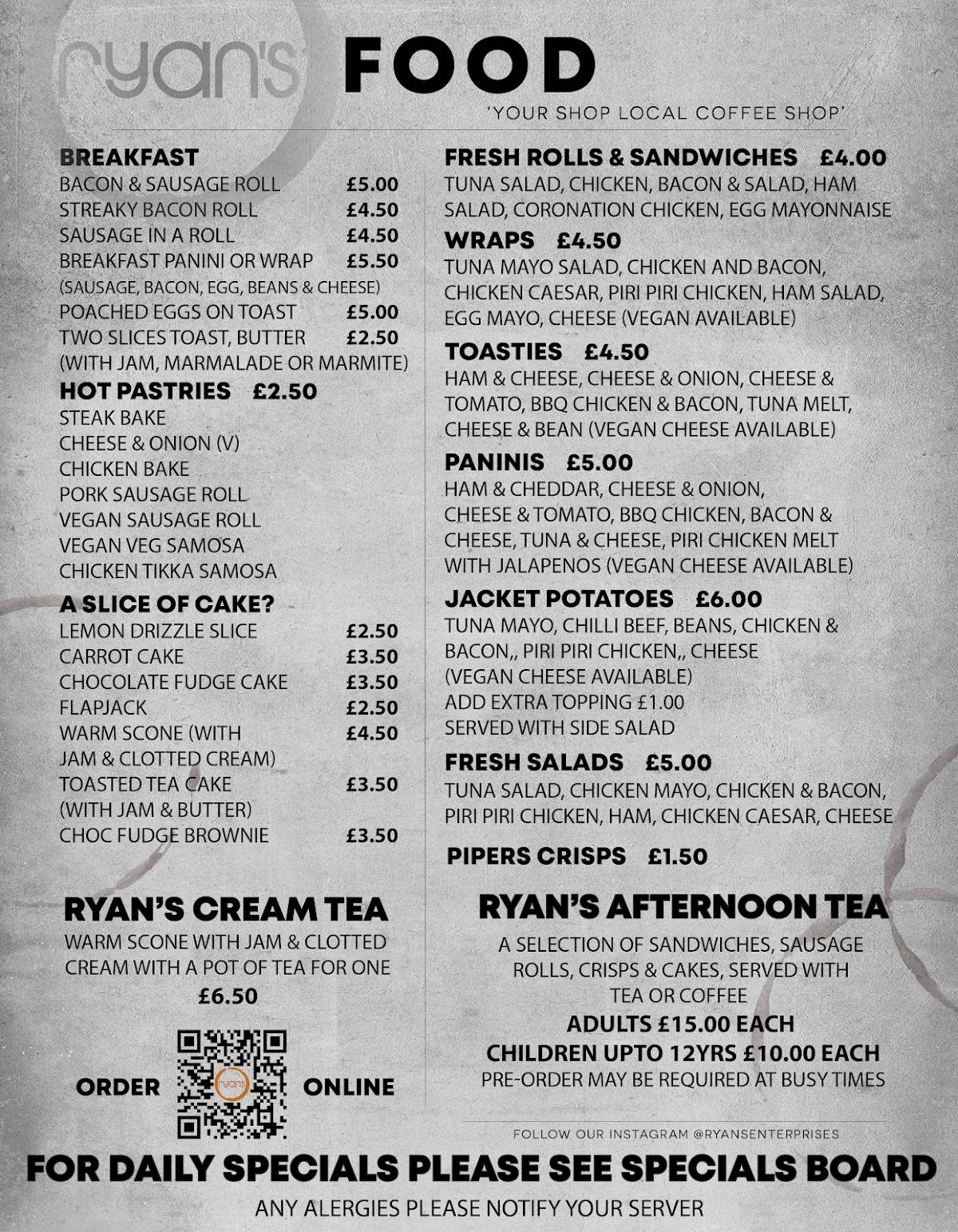 Menu at Ryans Cafe, Northampton
