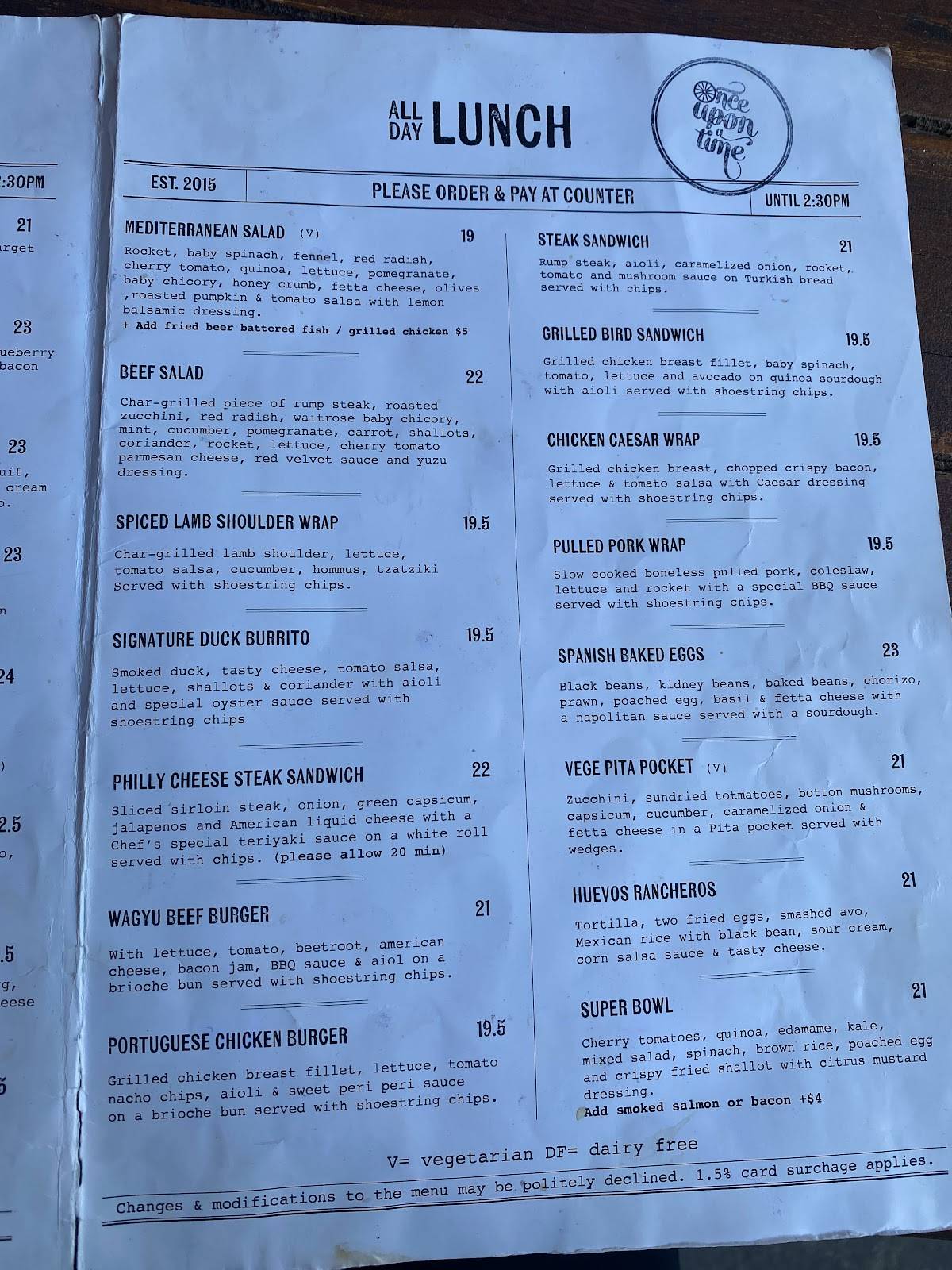 Menu at Cafe Once Upon a Time, West Ryde