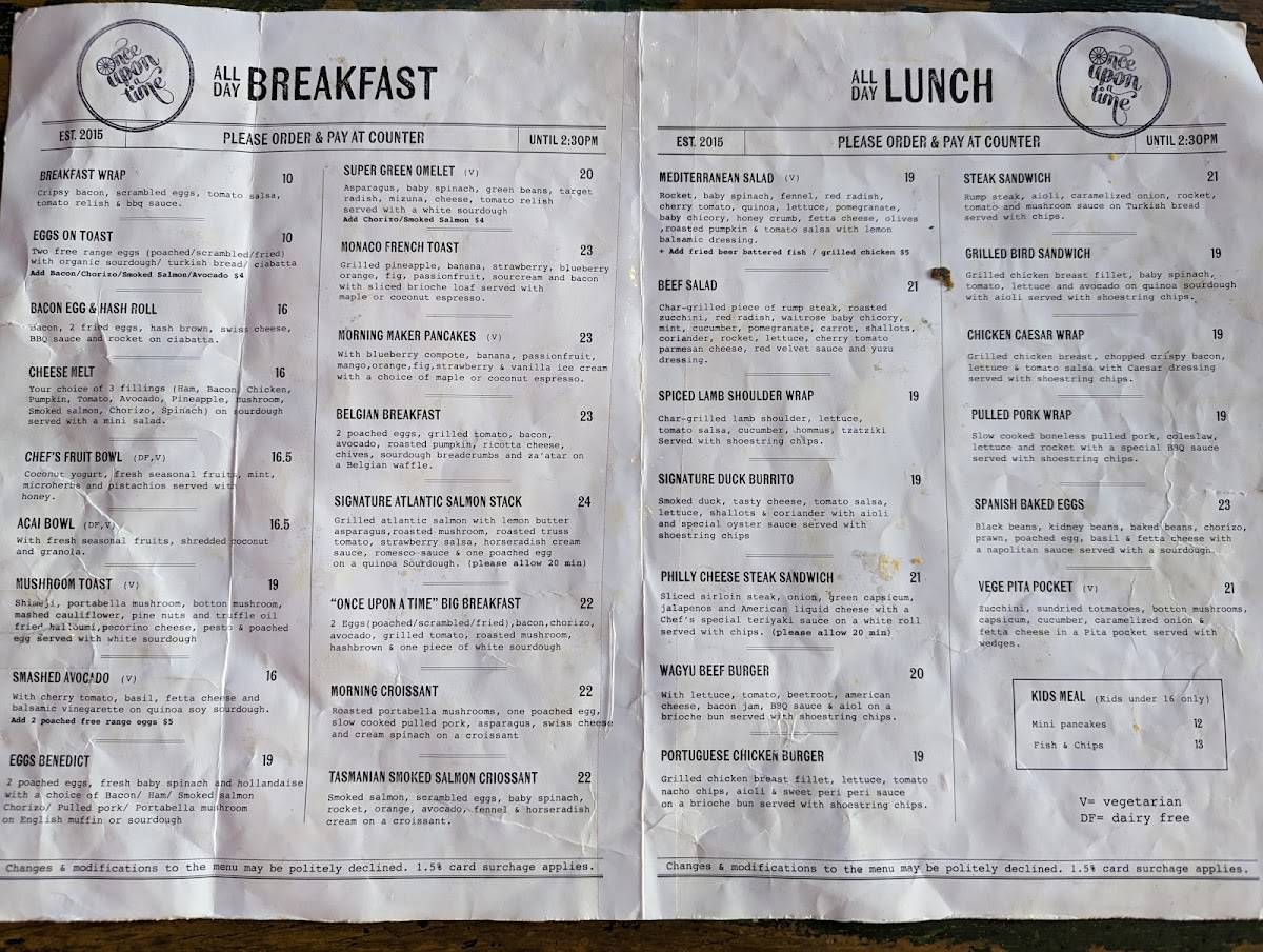 Menu at Cafe Once Upon a Time, West Ryde