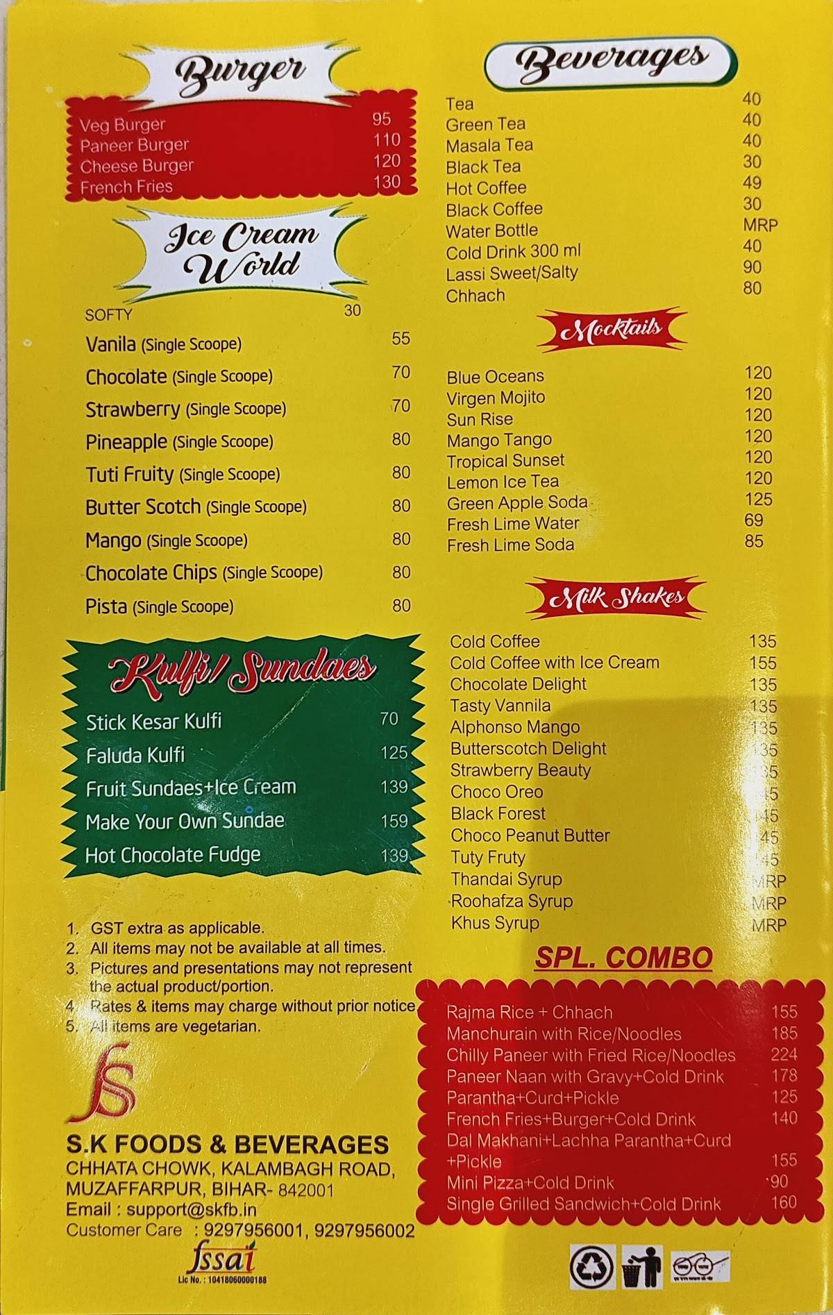 Menu at S. K. Foods & Beverages, Muzaffarpur
