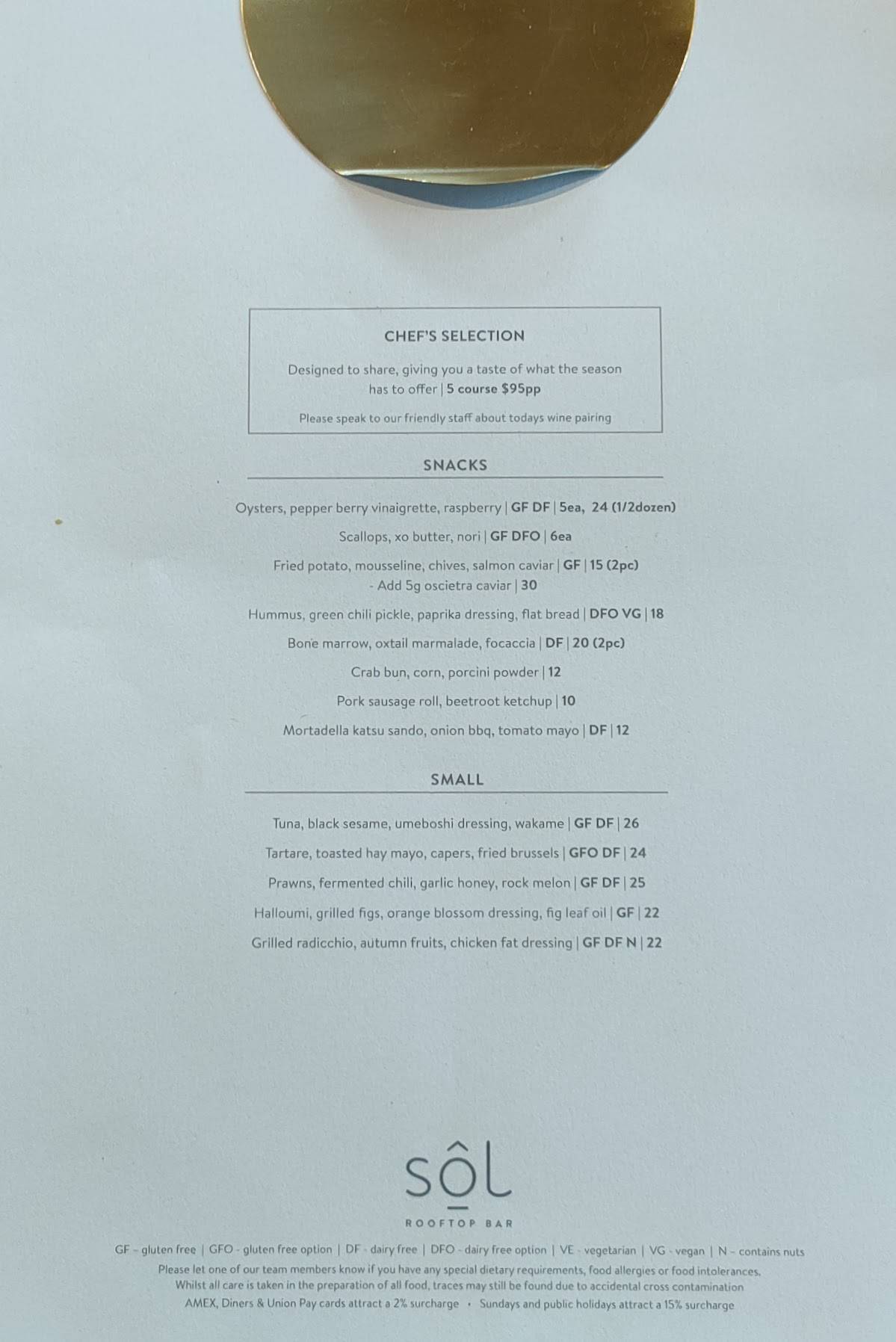 Menu at Sôl Rooftop pub & bar, Adelaide