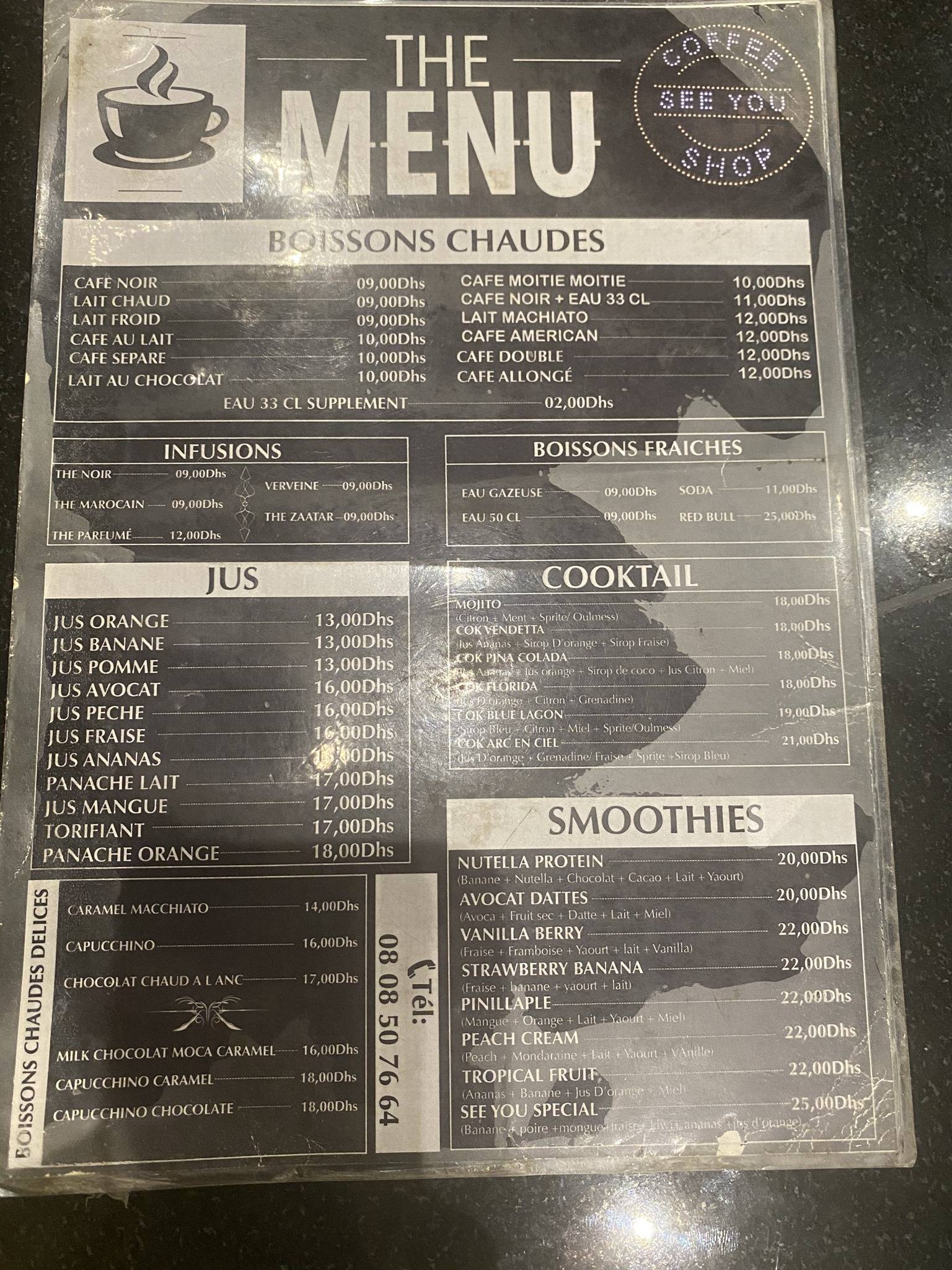 Carta del café SEE YOU COFFEE SHOP, Casablanca