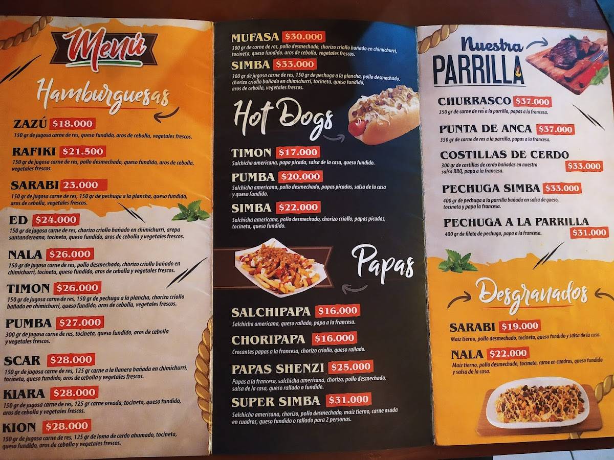 Menu at SIMBA - Restaurante y Comidas Rápidas, Piedecuesta
