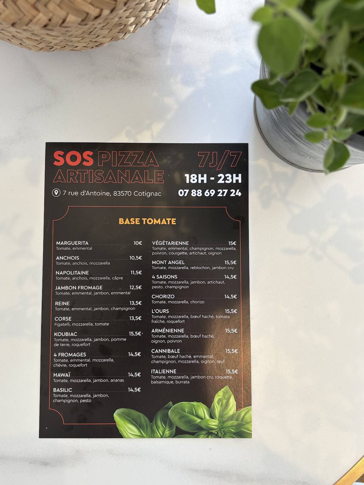 Menu at SOS Pizza restaurant, Cotignac