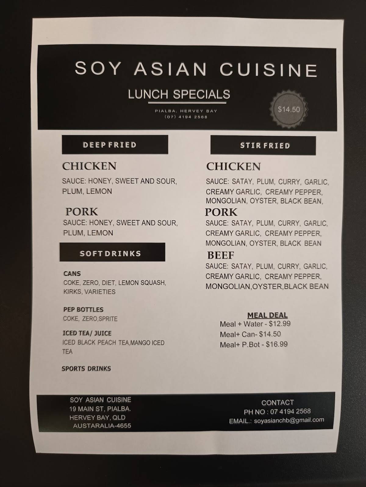 Menu at SOY Asian Cuisine restaurant, Pialba