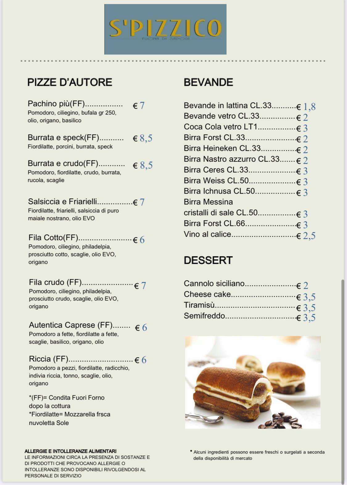 Menu da S'Pizzico ristorante, Canicattì