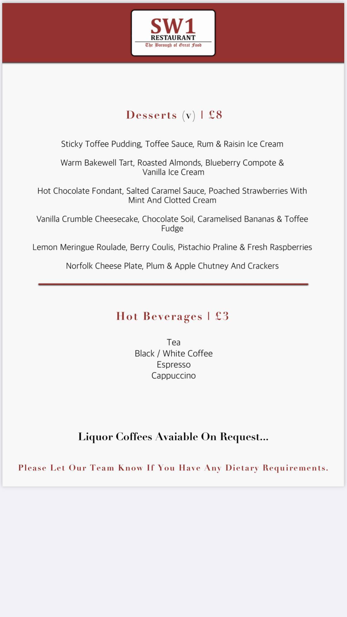 Menu at SW1 Restaurant, Gorleston-on-Sea