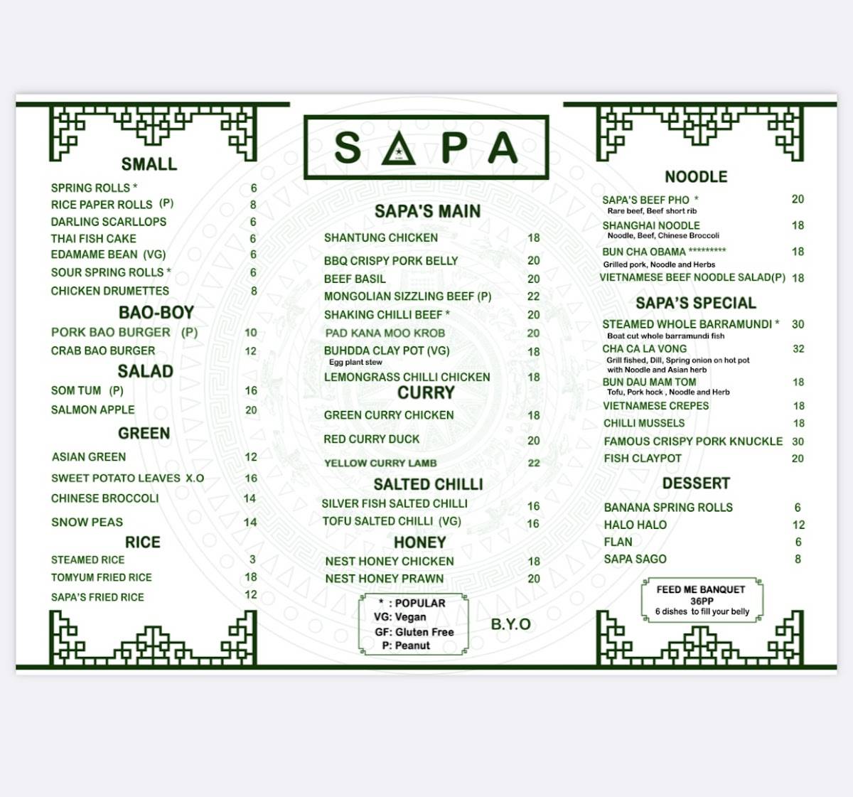 Menu at SaPa Asian fusion restaurant, Mawson
