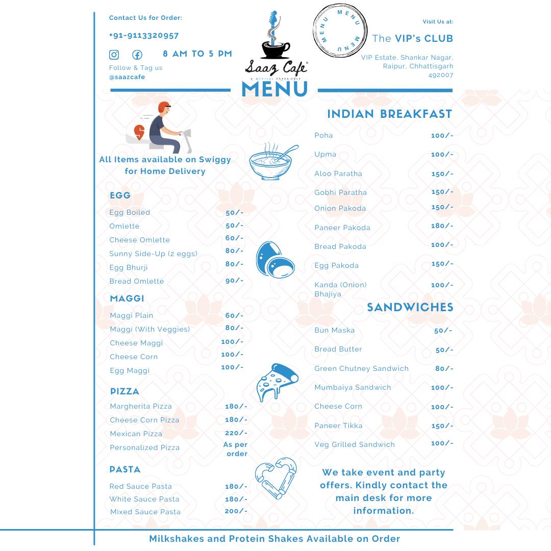 Menu at Saaz Cafe, Raipur