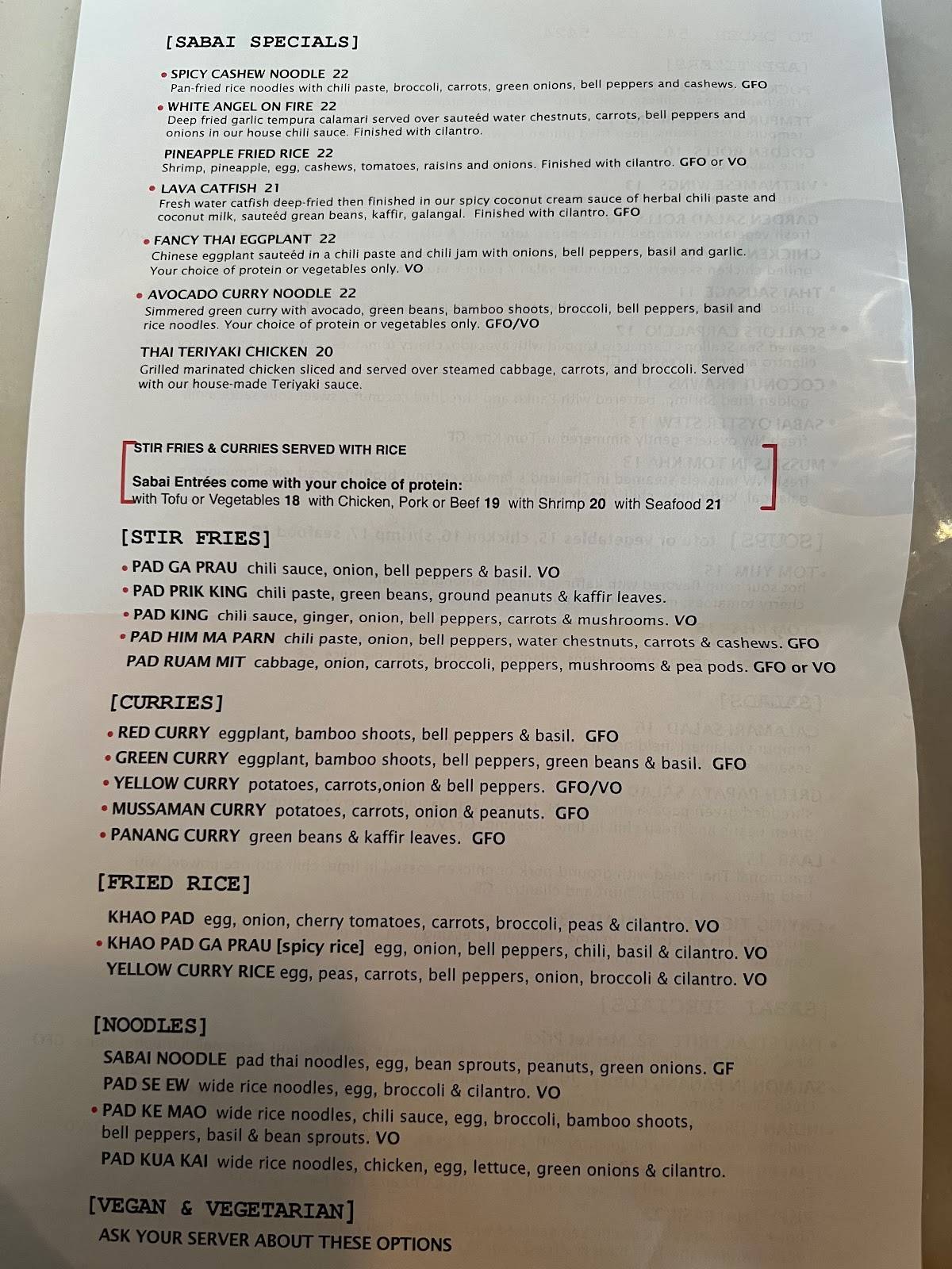 Menu at Sabai Cafe & Bar, Eugene
