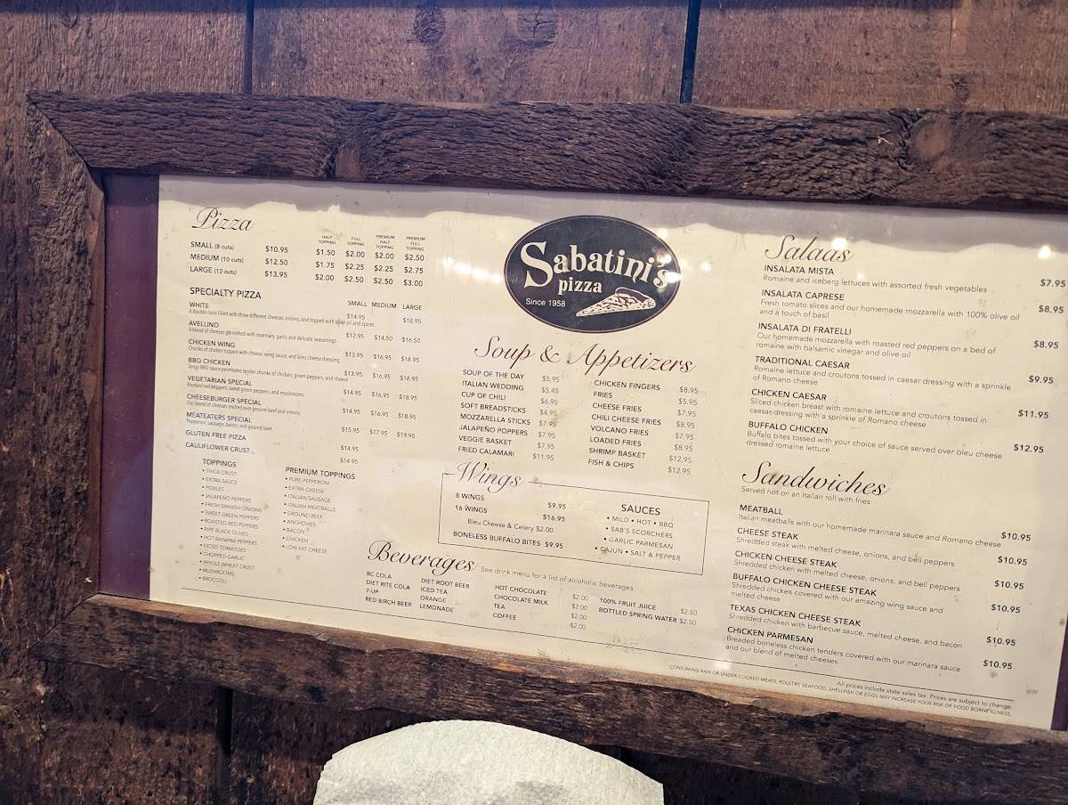 Menu at Sabatini’s Pizza pizzeria, Exeter, Wyoming Ave