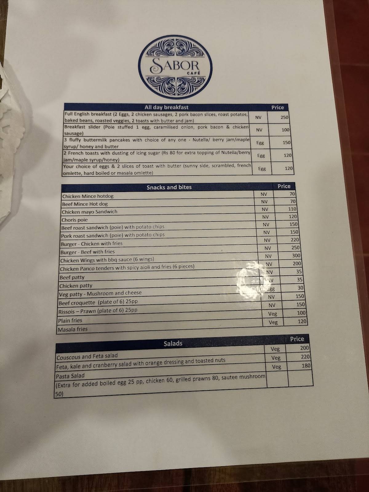 Menu at Sabor Cafe, Assagao