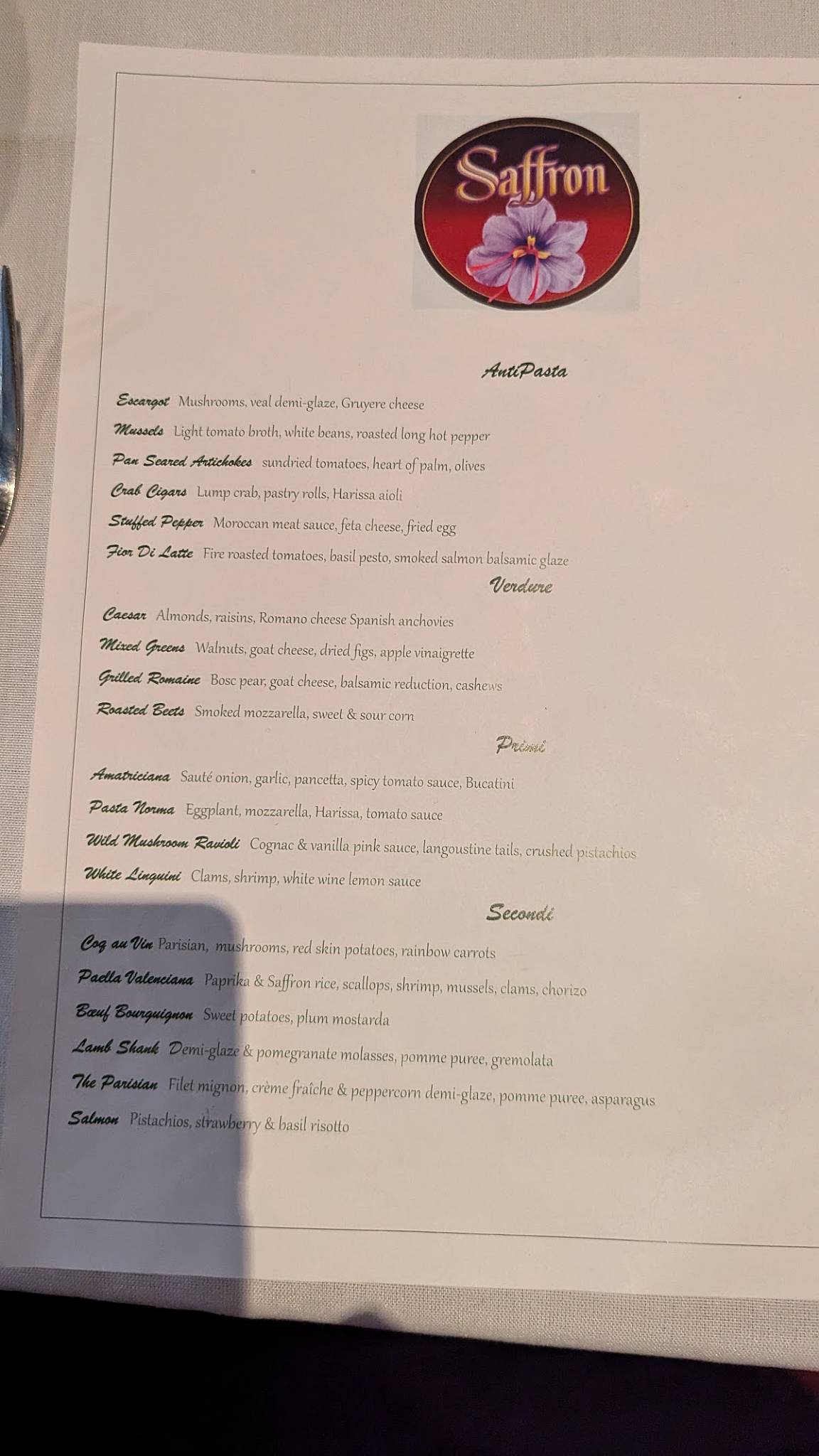 Menu at Saffron Restaurant, Lewisburg
