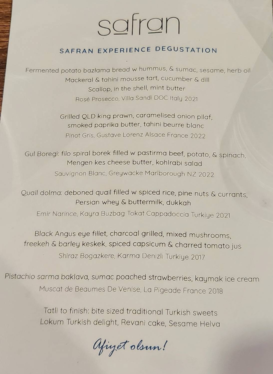 Menu at Safran restaurant, Ettalong Beach