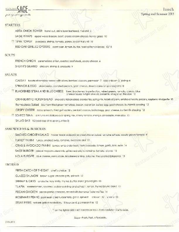 Menu at Sage Restaurant, Monroe