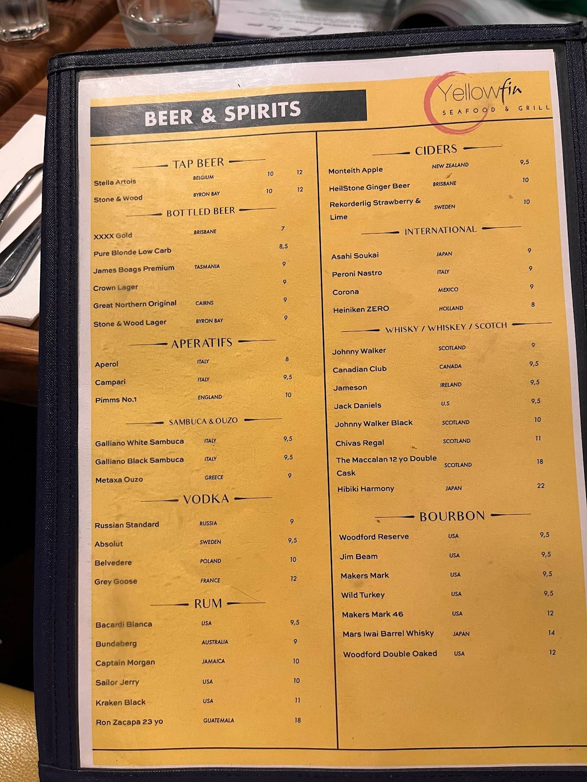Menu at Sage Yellowfin restaurant, South Brisbane