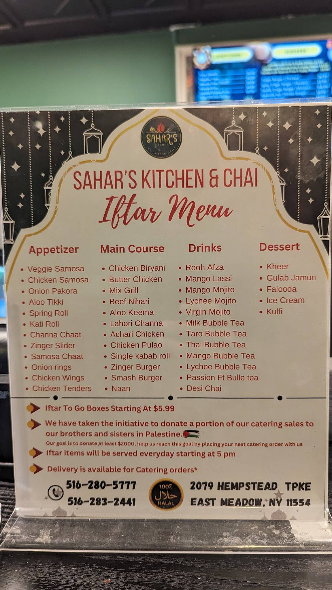 Menu at Sahar's Kitchen & Chai restaurant, East Meadow
