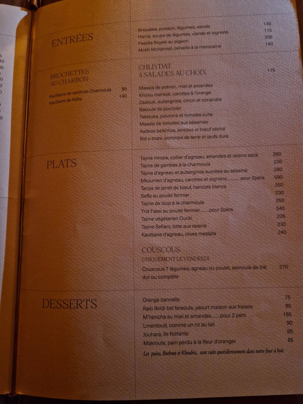 Menu at Sahbi Sahbi restaurant, Marrakesh
