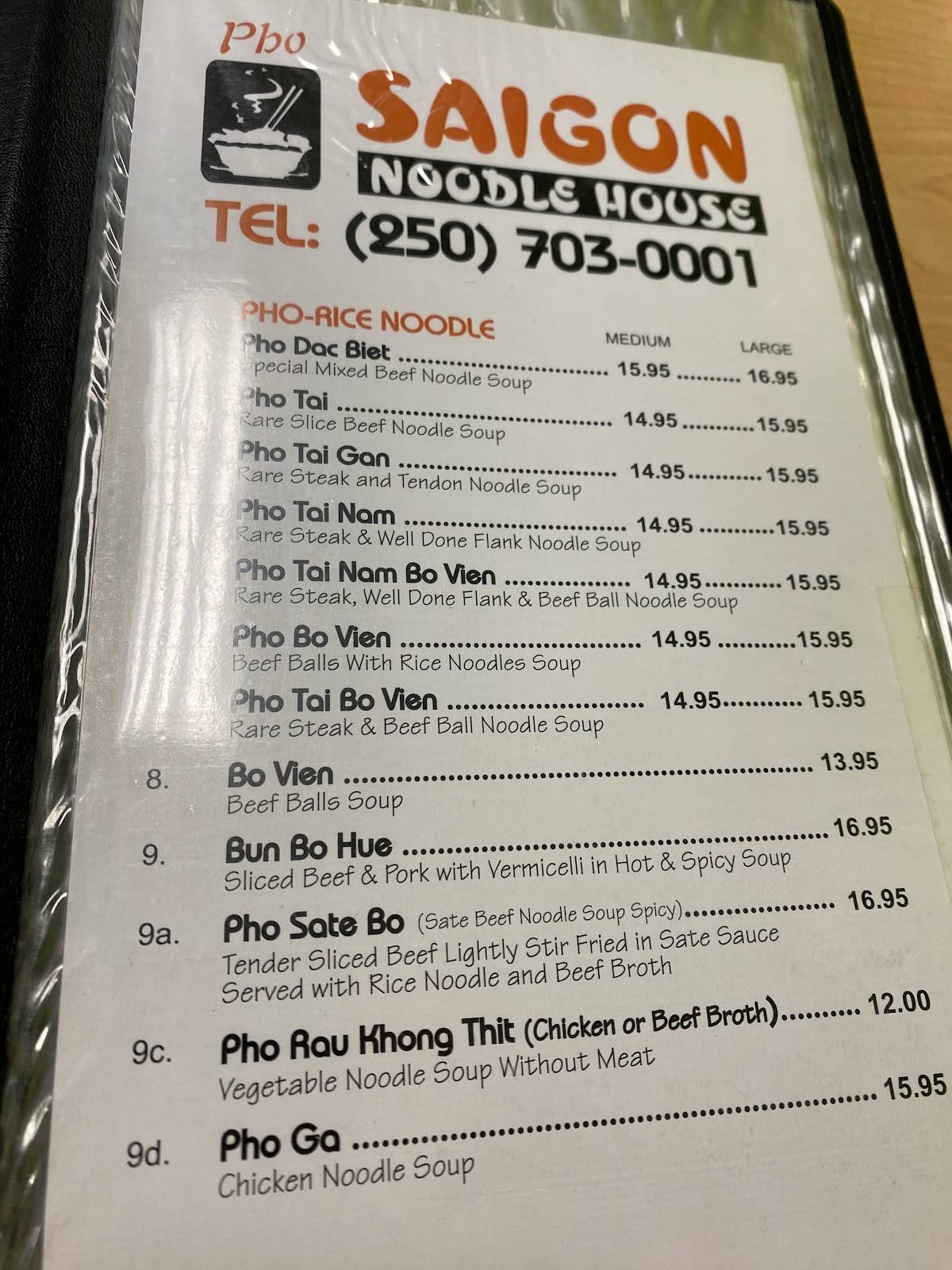 Menu at Saigon Noodle House restaurant, Courtenay