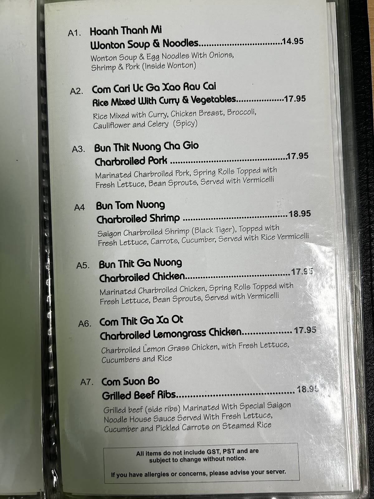 Menu at Saigon Noodle House restaurant, Courtenay