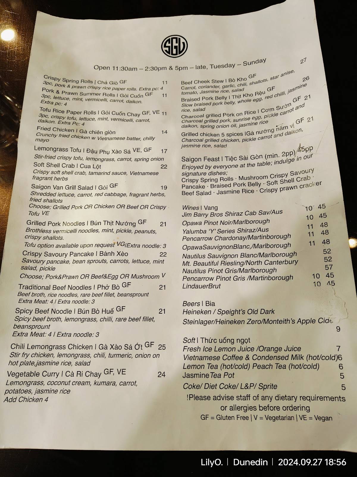 Menu at Saigon Van Vietnamese Cuisine restaurant, Dunedin
