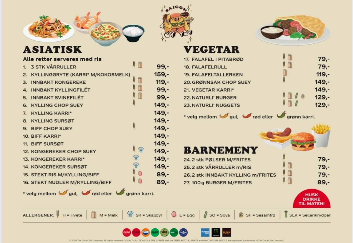 Menu at Saigon restaurant, Halden