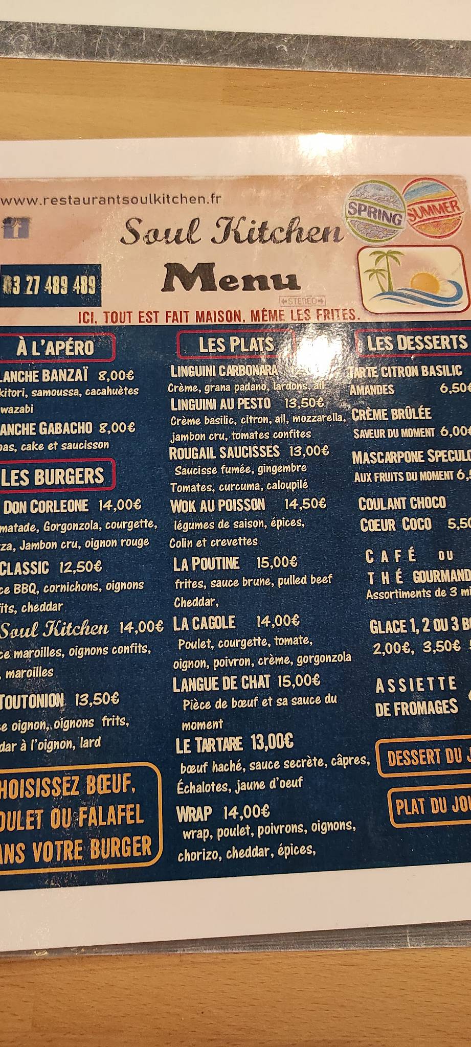 Menu au Soul kitchen restaurant, Saint-Amand-les-Eaux