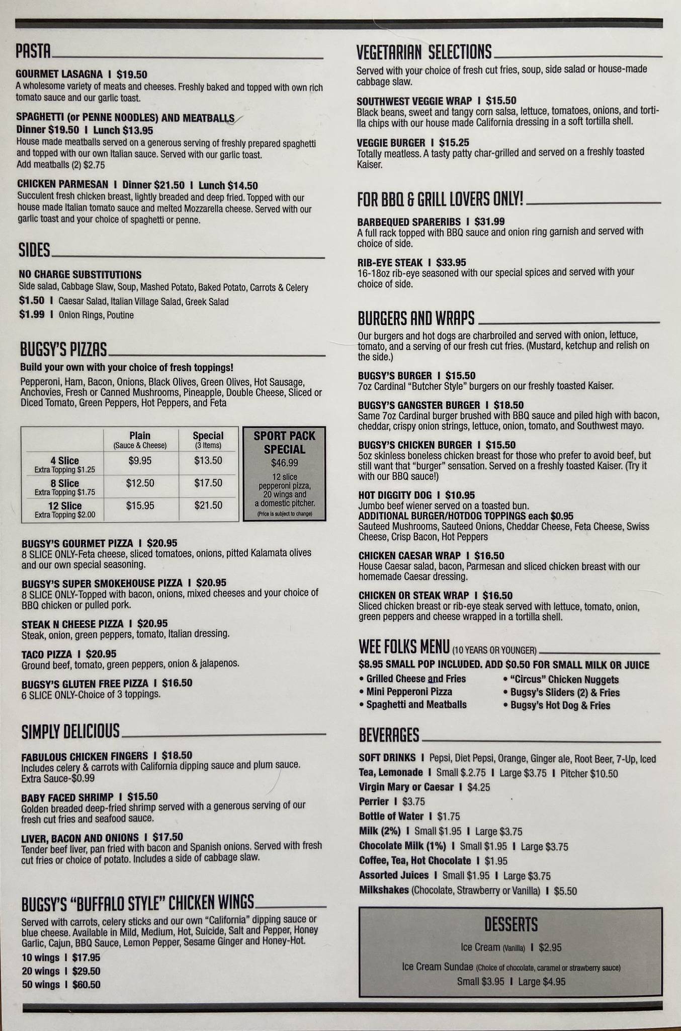 Menu at Bugsy's pub & bar, St. Catharines