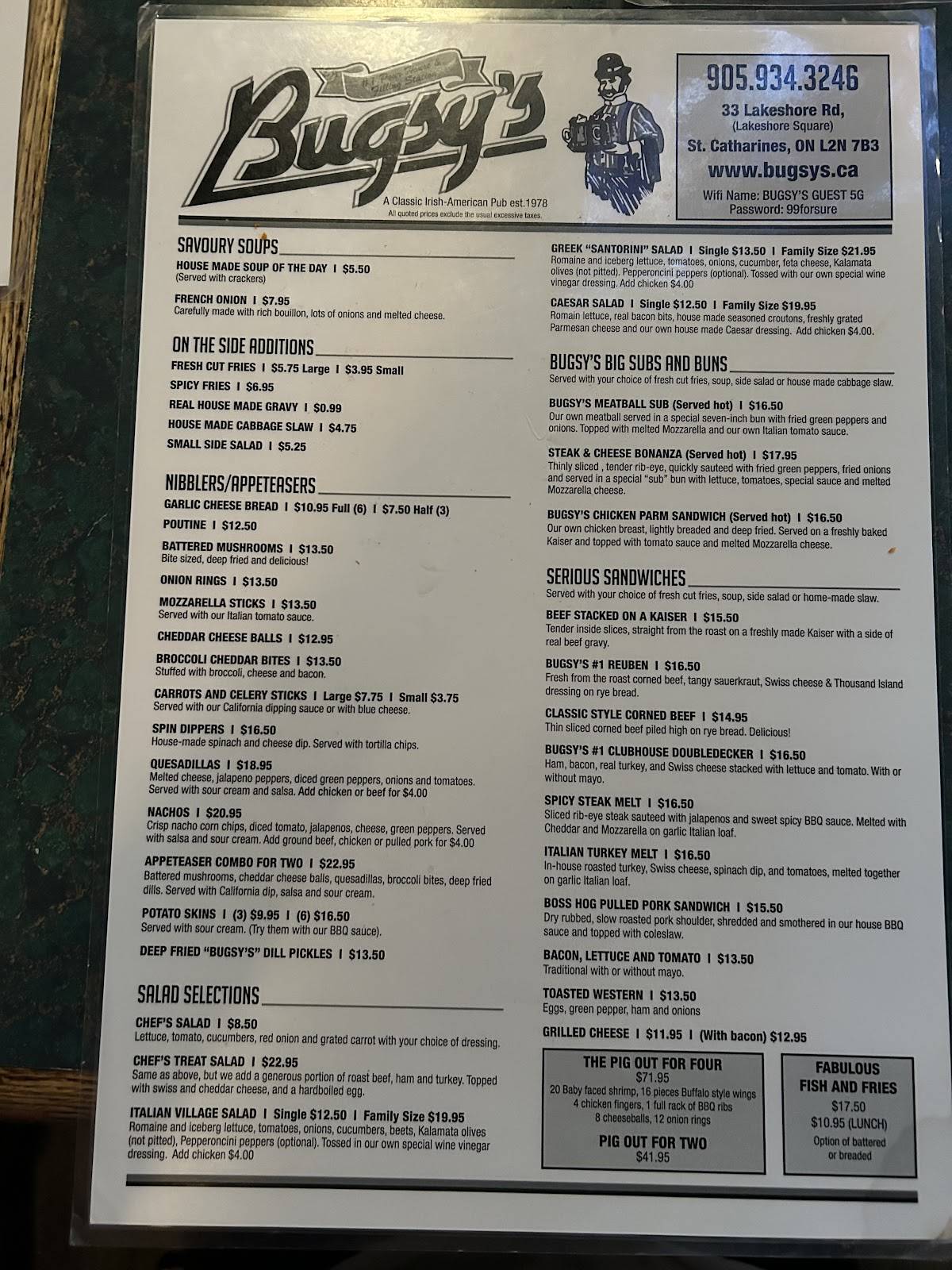 Menu at Bugsy's pub & bar, St. Catharines