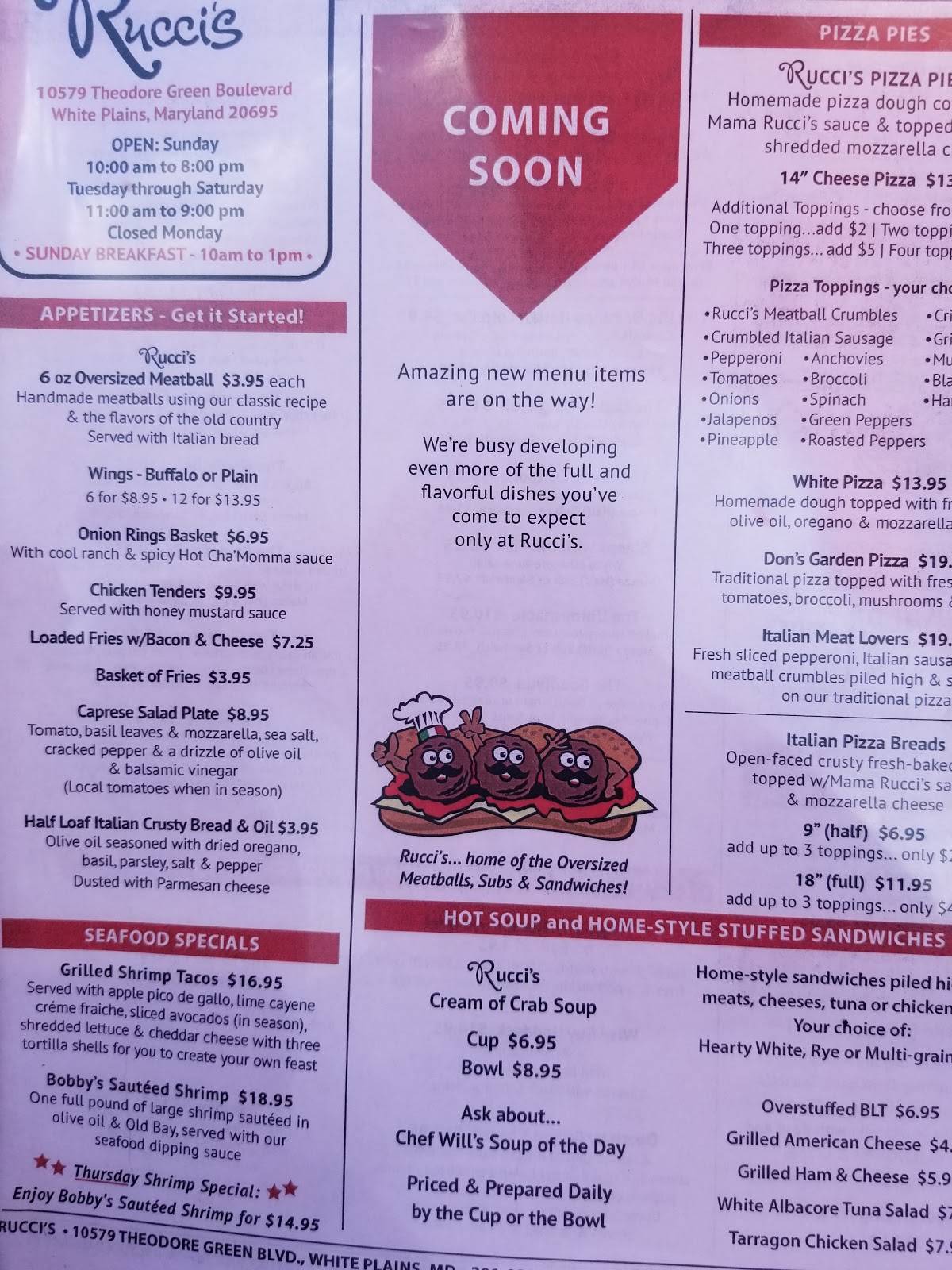 Menu at Rucci's Italian Kitchen & Grille restaurant, White Plains