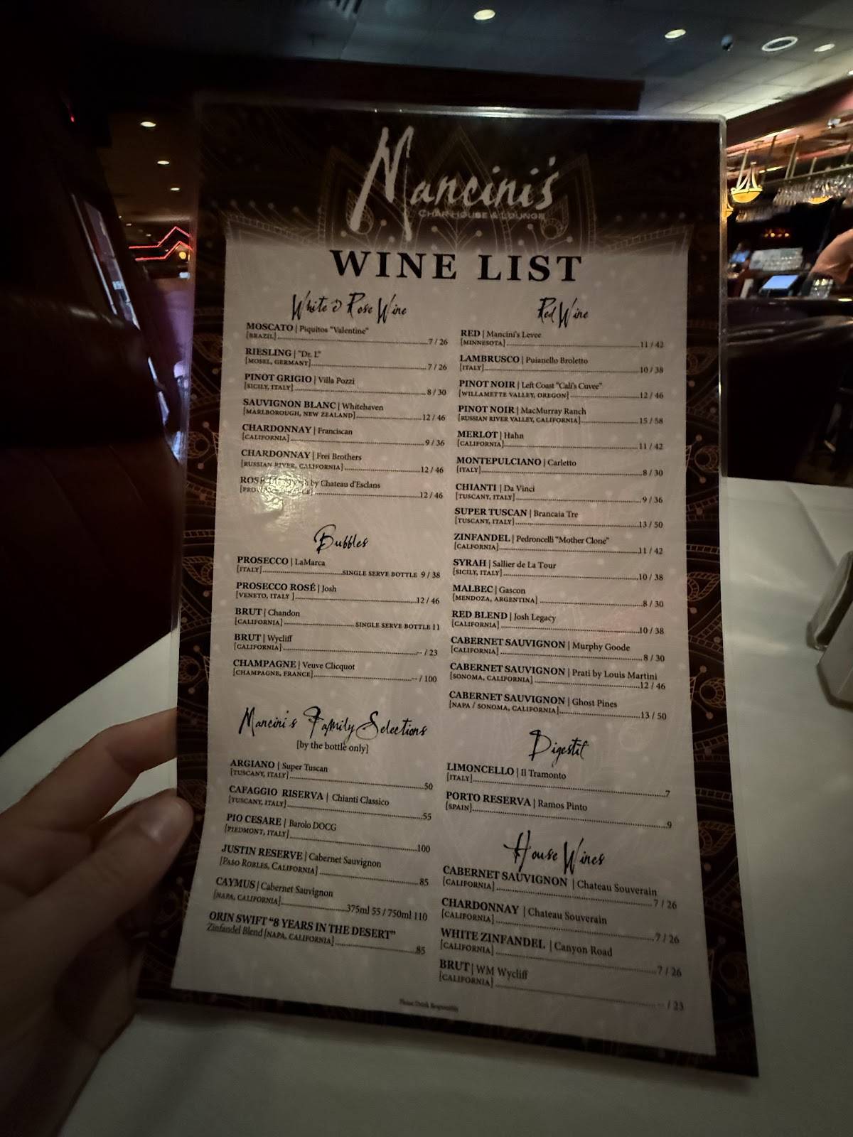 Menu at Mancini’s Char House steakhouse, Saint Paul